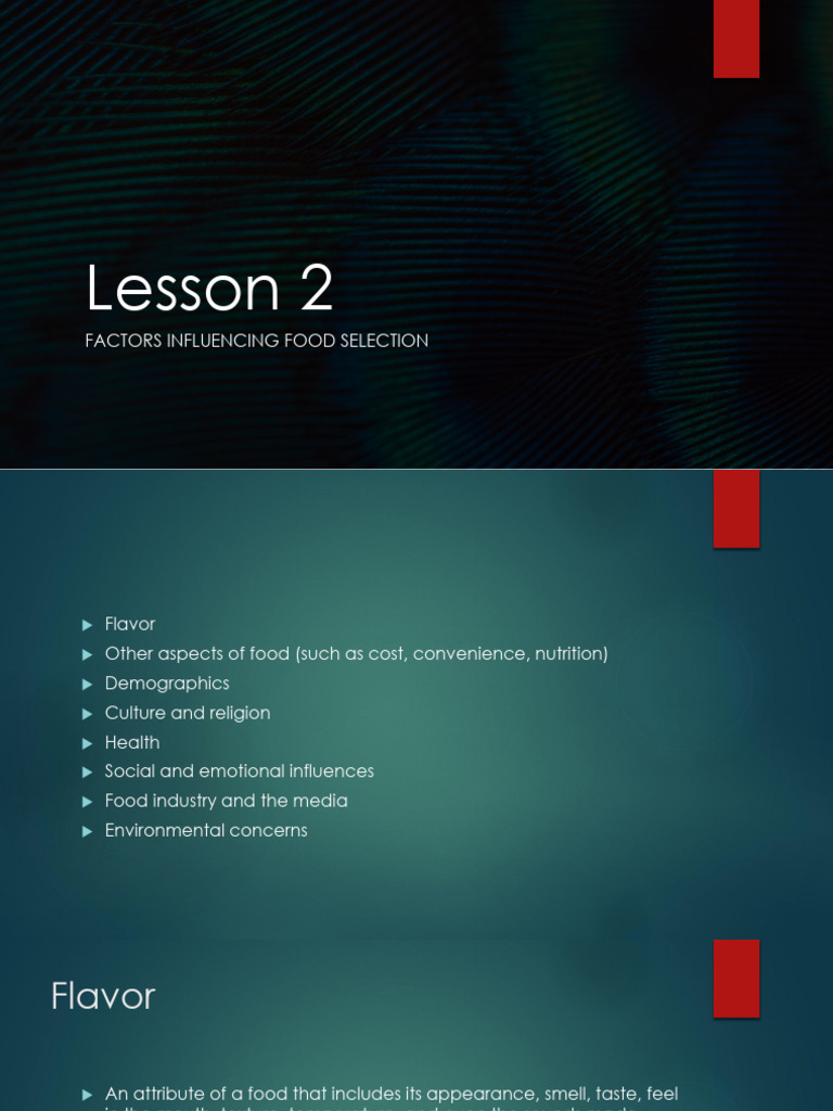Lesson 2 Factors Influencing Food Selections | PDF | Nutrients | Foods
