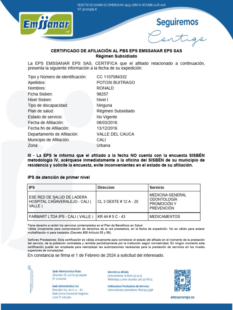 Certificado de Afiliación EMSSANAR Subsidiado | PDF