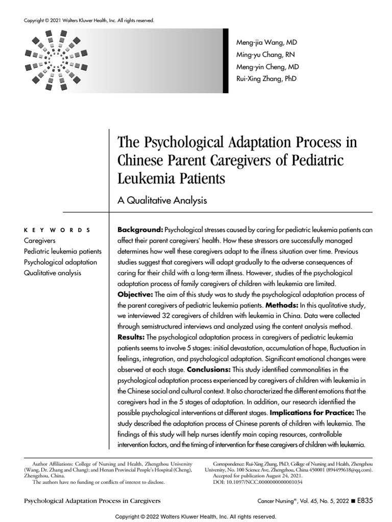 The Psychological Adaptation Process in Chinese Parent Caregivers of ...