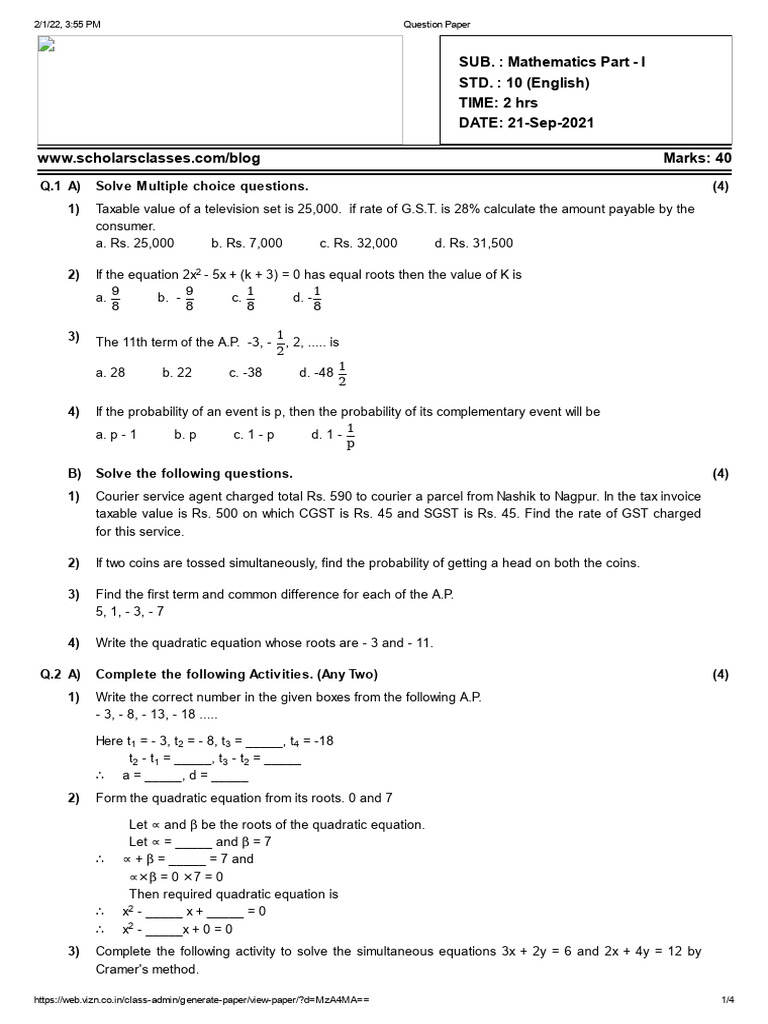 10th SSC Maths 1 Sample Question Paper A 1 | Download Free PDF ...