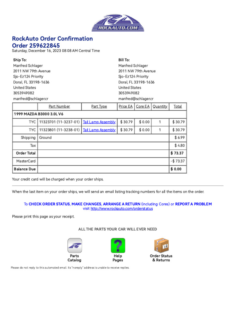 RockAuto Order Confirmation For Order 259622845 | PDF | Payments ...