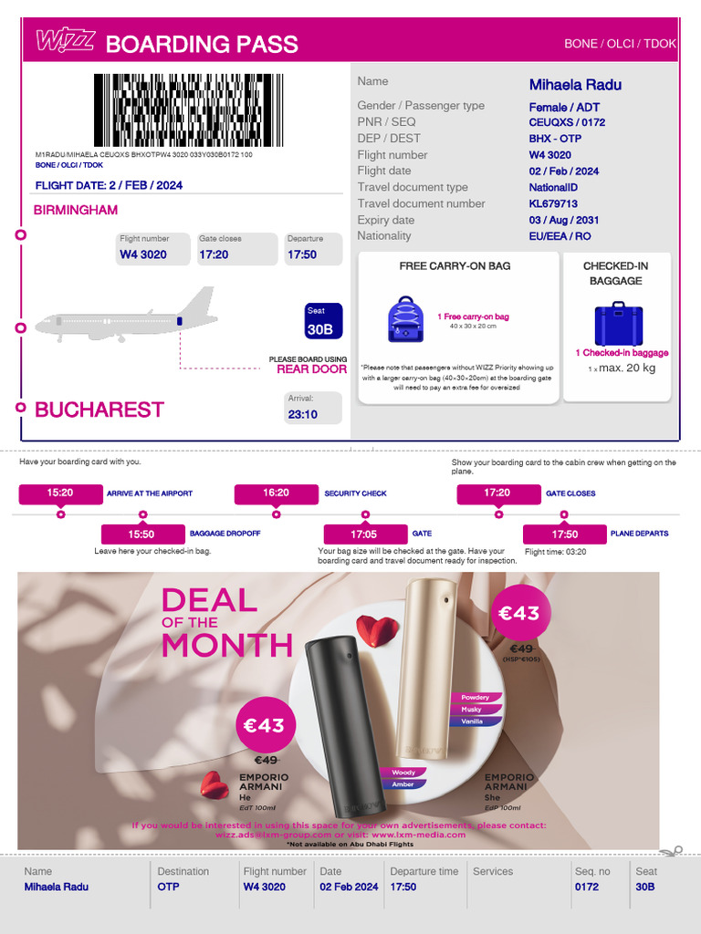 BoardingCard 348768087 BHX OTP | PDF | Baggage | Aviation