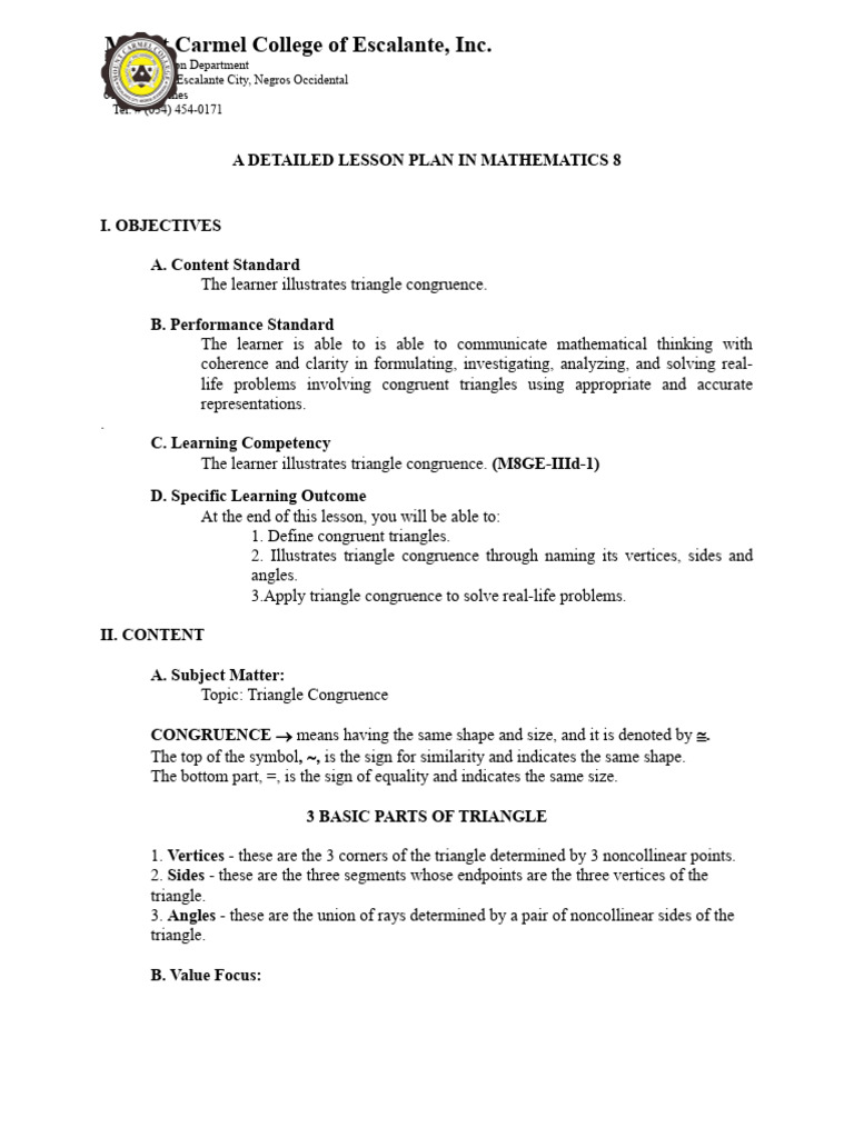 A Detailed Lesson Plan in Geometry in Mathematis 8 | PDF
