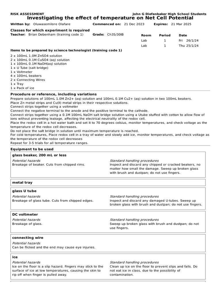 Investigating the Effect of Temperature on Net Cell Potential | PDF
