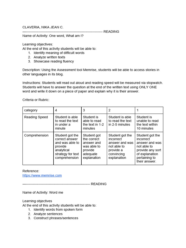 Assessment Tools Claveria | PDF | Reading Comprehension | Cognitive Psychology