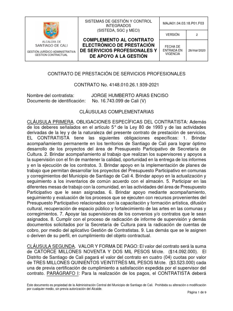 COMPLEMENTO DEL CONTRATO SEPTIEMBRE 2021-Combinado | PDF