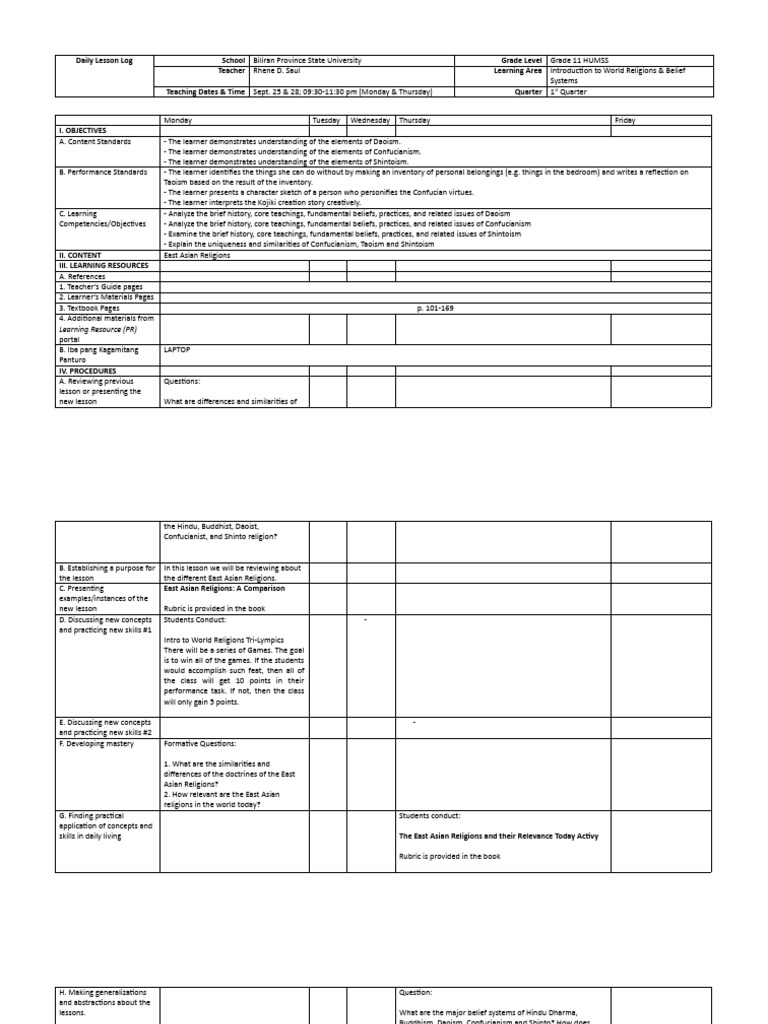 Grade 11 East Asian Religions Lesson Plan | PDF | East Asian Religions ...