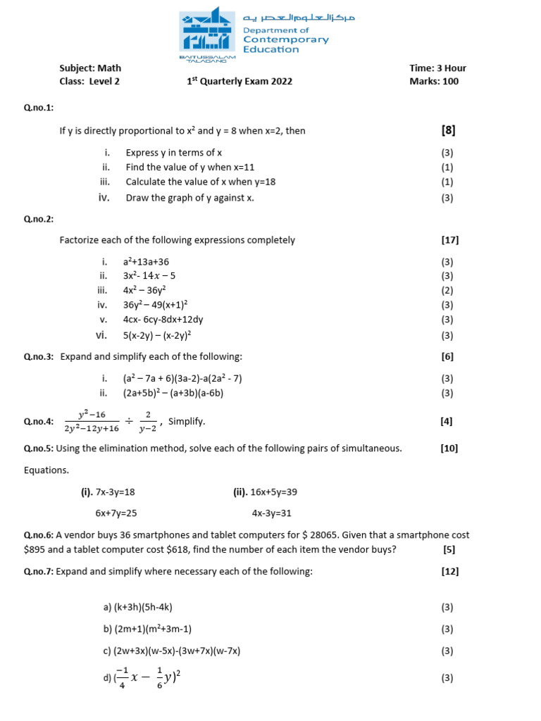 Level 2 Math Quarterly 2022 | PDF | Applied Mathematics | Mathematics