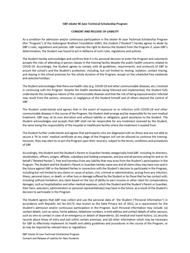 GBF INJ Consent and Release Form - New Students (B20) | PDF | Consent ...
