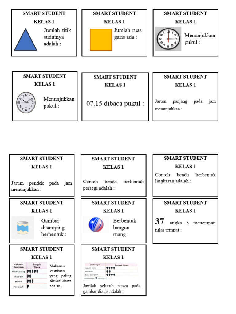 Kartu Smart Student Kelas 1 Numerasi Jan | PDF