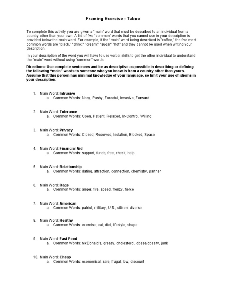Framing Exercise: Describing Concepts | PDF | Language Arts & Discipline