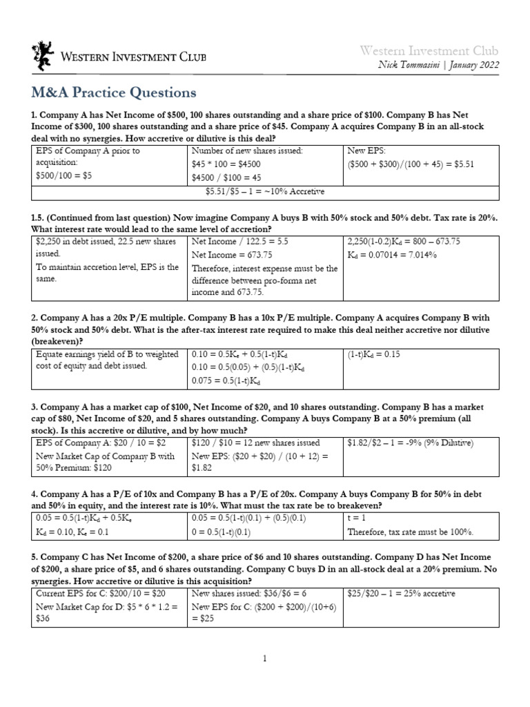 WIC M A Questions | Download Free PDF | Stocks | Price–Earnings Ratio