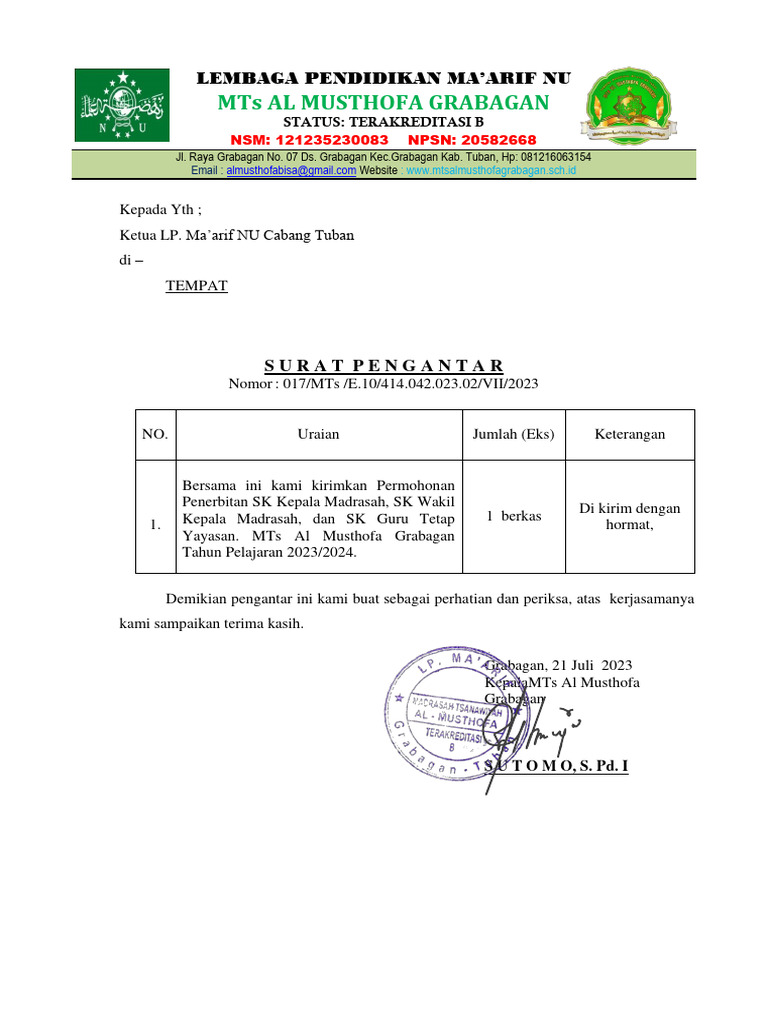 Pengajuan SK Ma'Arif Mts Al Musthofa 2023 2024 | PDF