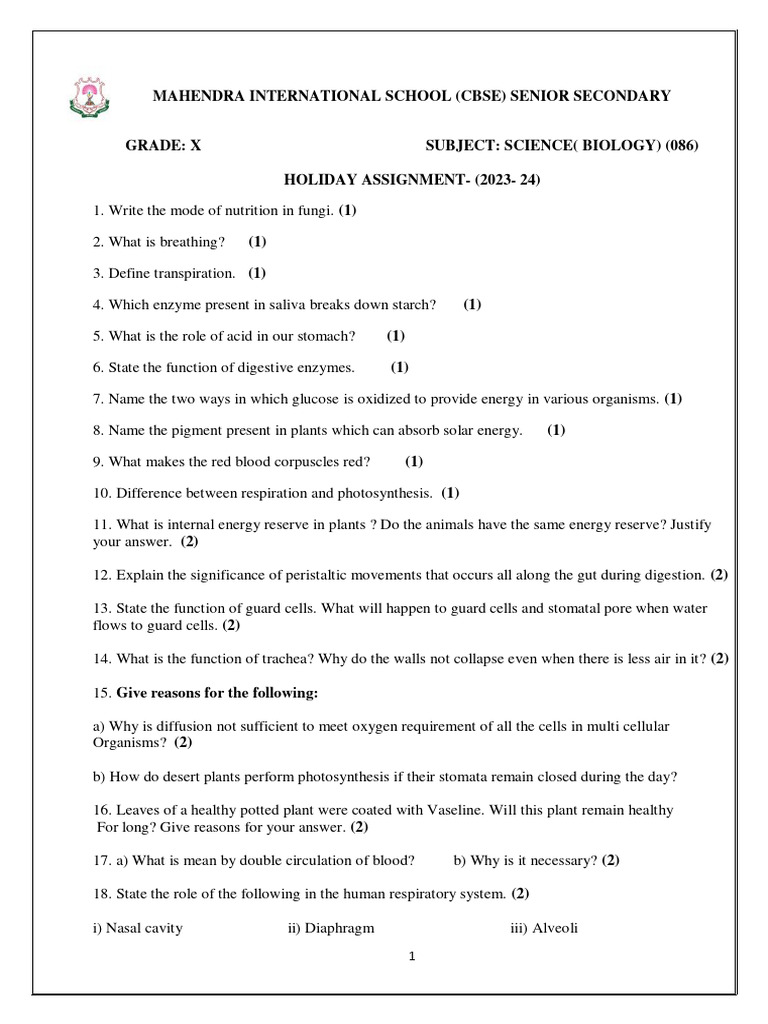G 10 Bio Assignment | PDF | Respiratory System | Digestion