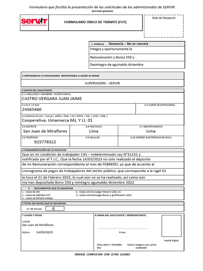 FUT Formulario Unico de Tramite SERVIR | Descargar gratis PDF | Servicio Civil