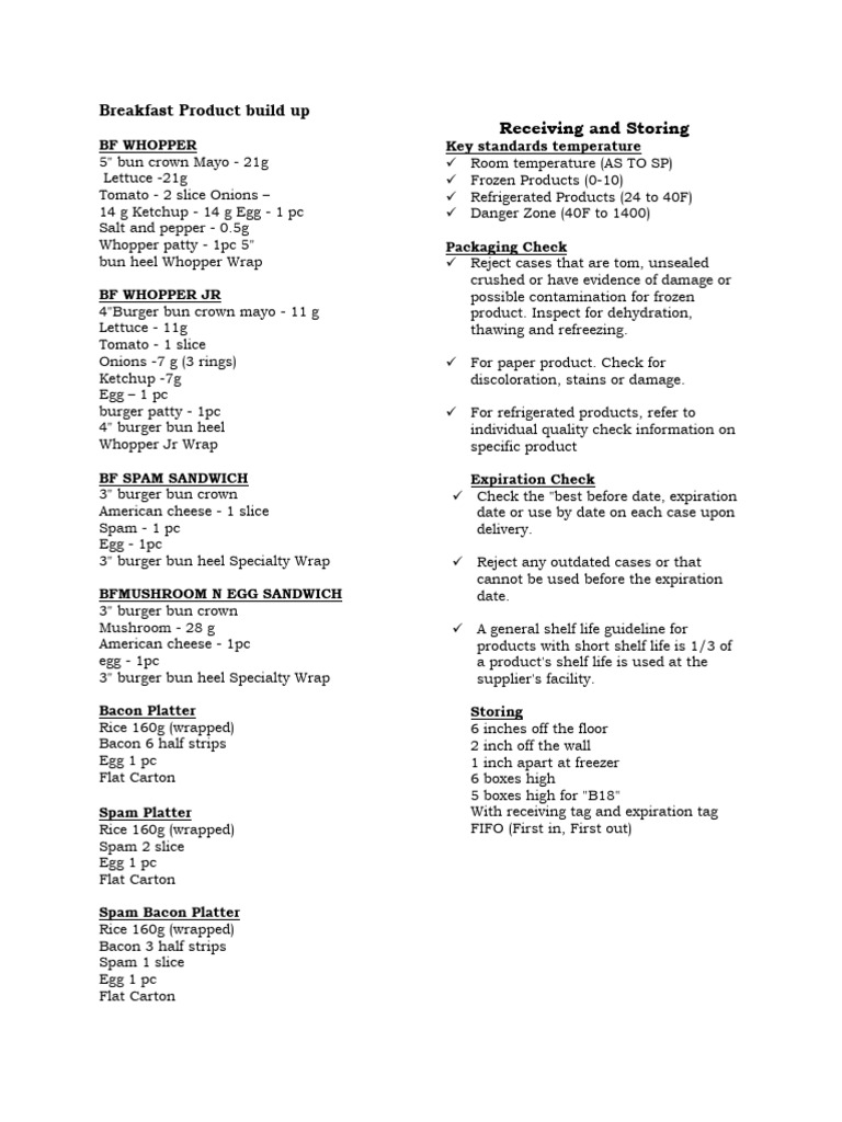 Breakfast Product Build-Up Guide | PDF | Hamburgers | Shelf Life