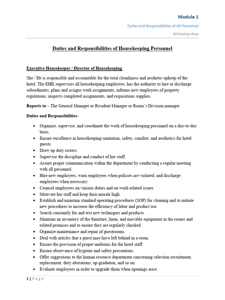 Duties and Responsibilities of Housekeeping Personnel | PDF ...