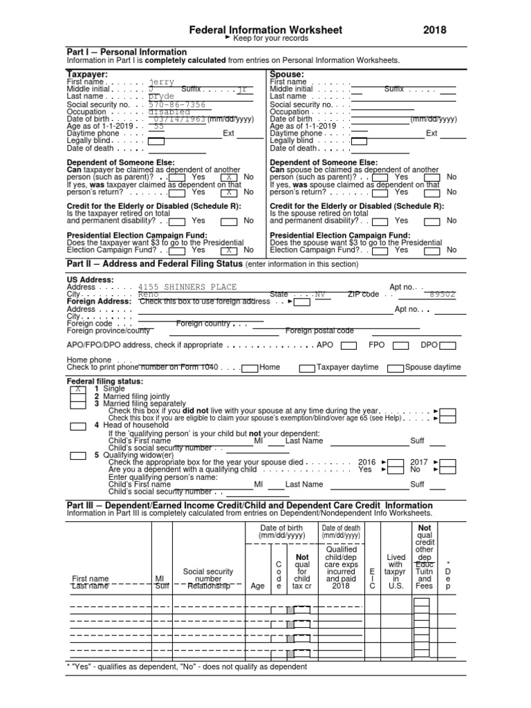 Federal Information Worksheet 2018: Jerry Pryde J JR 570-86-7356 ...