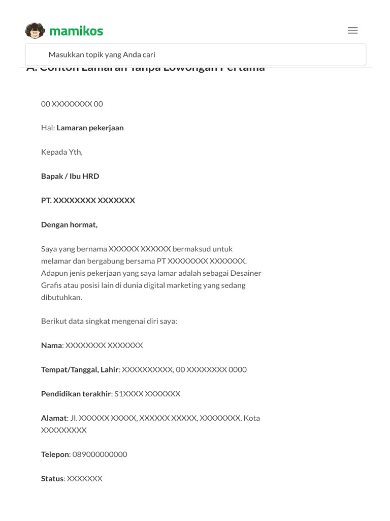 Contoh Surat Lamaran Kerja Tanpa Loker | PDF