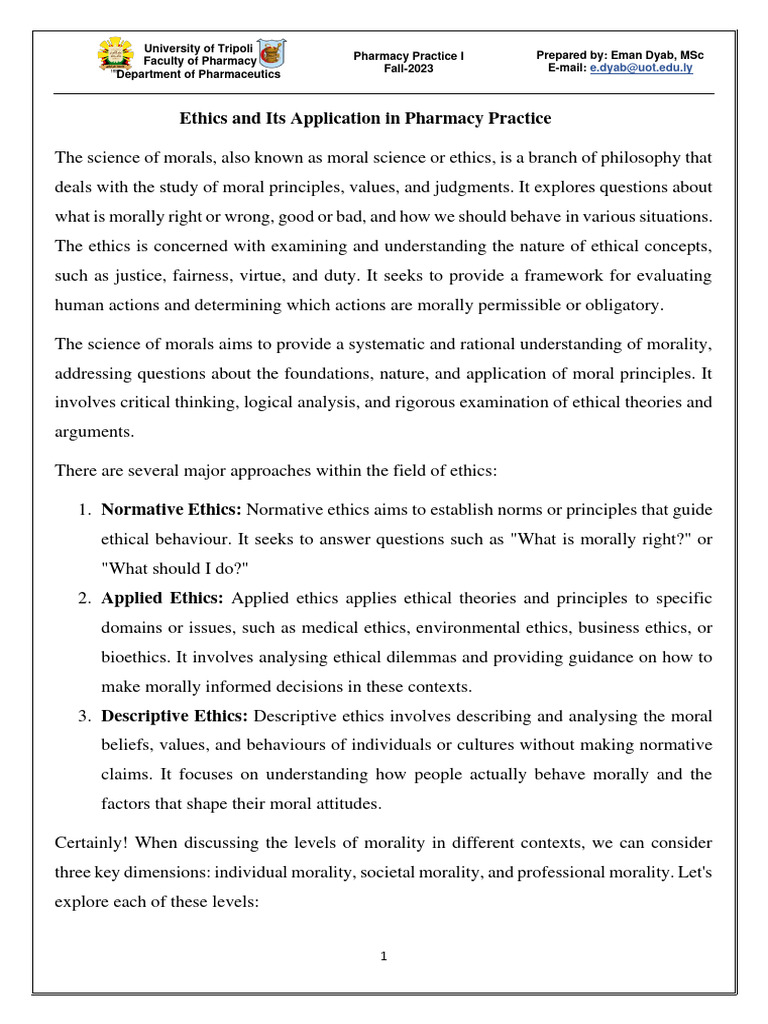 Lecture 1. Ethics | PDF | Morality | Pharmacy