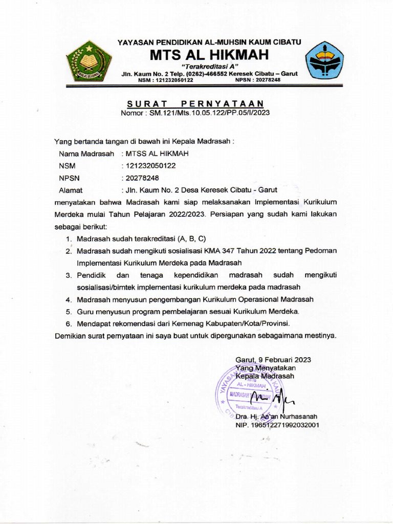 Surat Pernyataan Kesiapan Pelaksanaan IKM | PDF