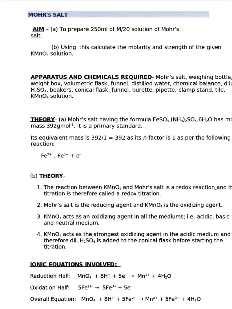 Mohr's Salt Titration with KMnO4 | PDF | Teaching Methods & Materials ...