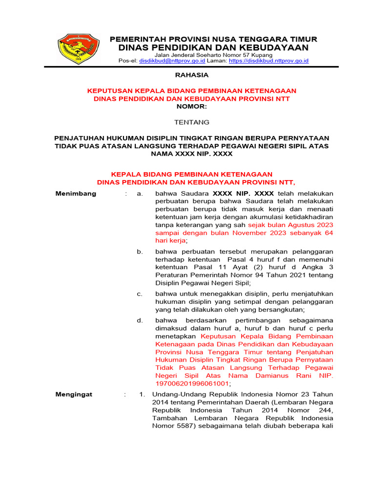 Hukuman Disiplin Ringan PNS NTT | PDF