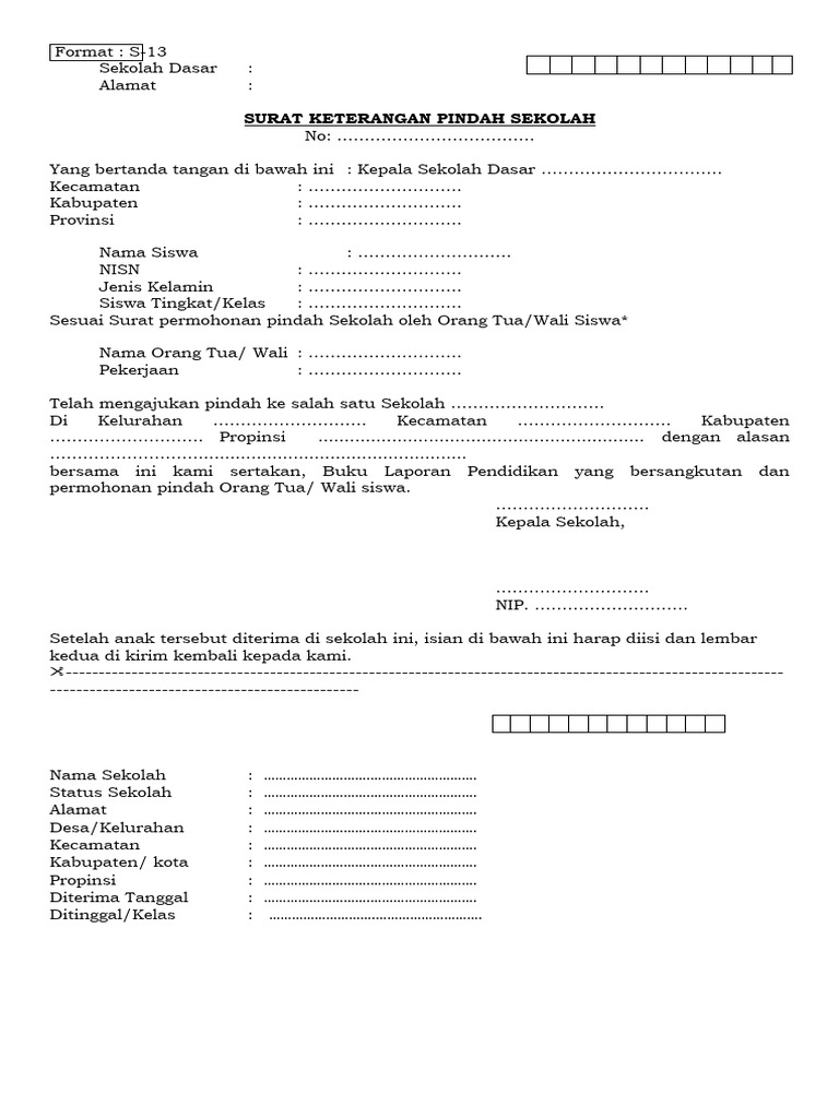 Format S13 Surat Pindah Sekolah | PDF