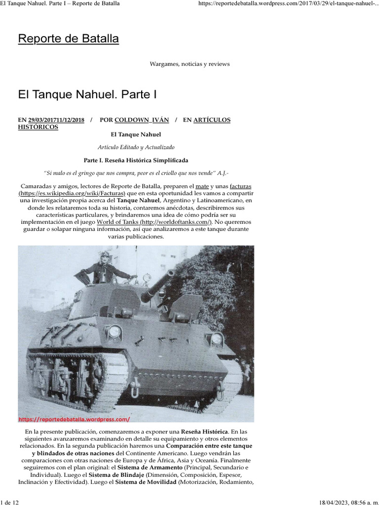 El Tanque Nahuel. Parte I - Reporte de Batalla | PDF