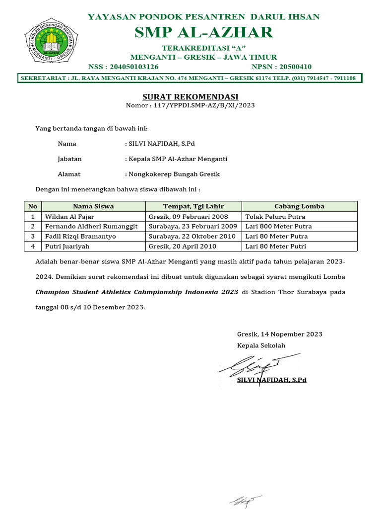 Surat Rekomendasi Lomba DBL | PDF