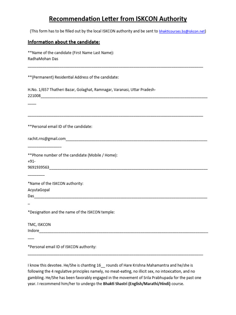 01 Recommendation Letter From ISKCON Authority BS | PDF