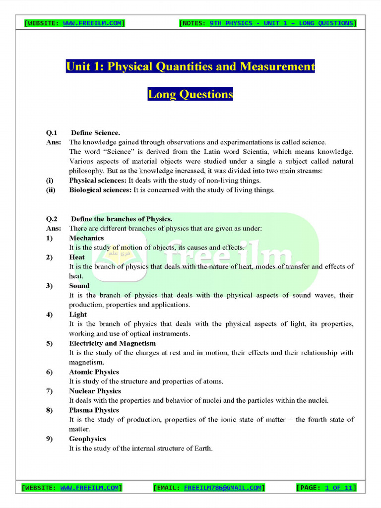 9th Phy CH 1 Long Q | PDF