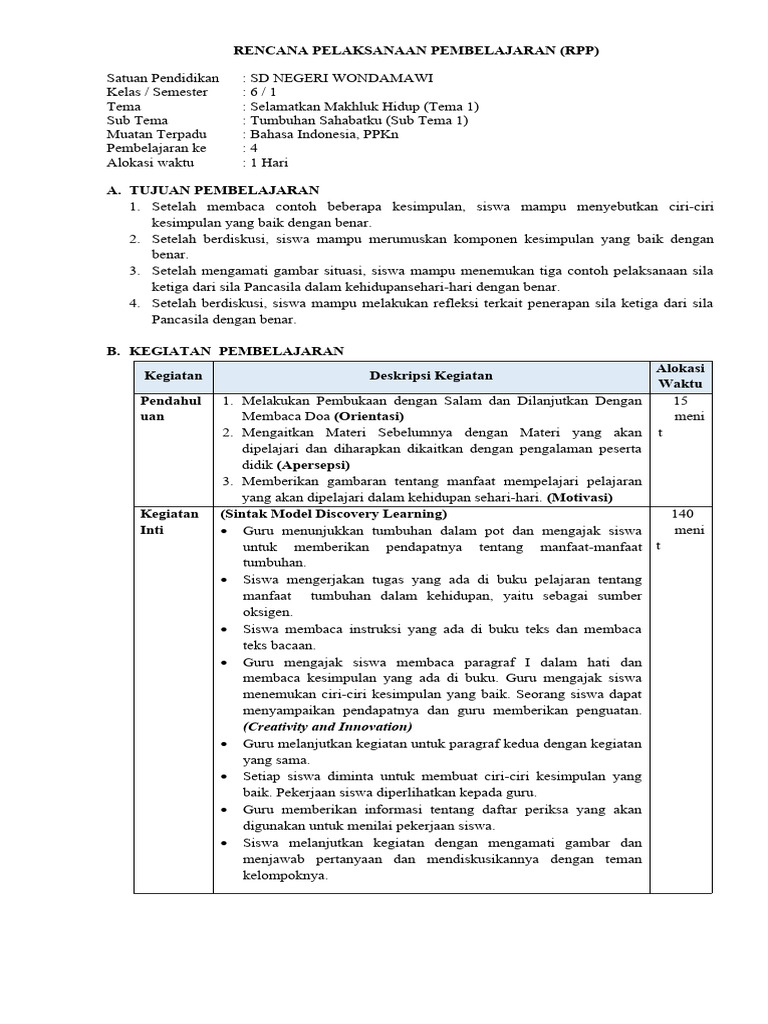 RPP Tema 1 Sub Tema 1 Pemb 4 | PDF