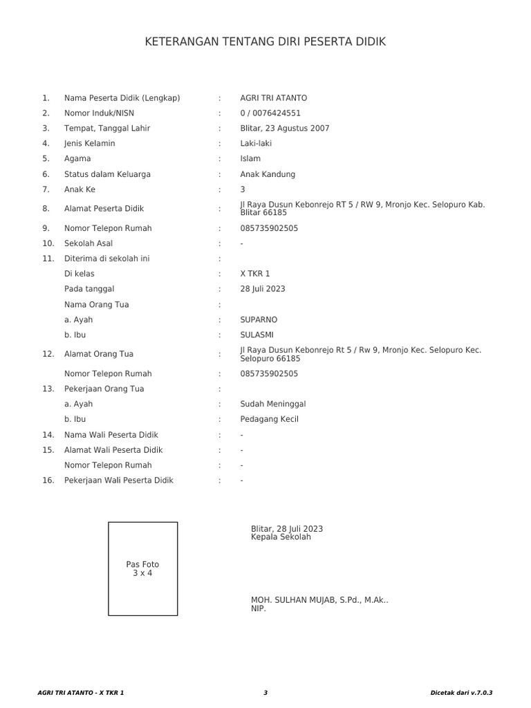 Cek Data Diri TKR 1 | PDF