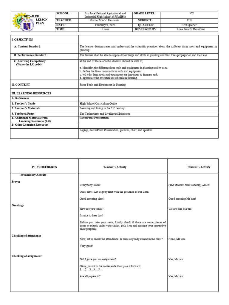 Detailed Lesson Plan | PDF | Learning | Agriculture