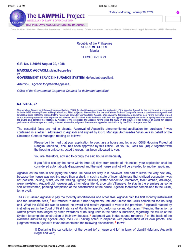 02 Agcaoili V GSIS GR L 30056 Aug 301988 | PDF | Equity (Law) | Lawsuit