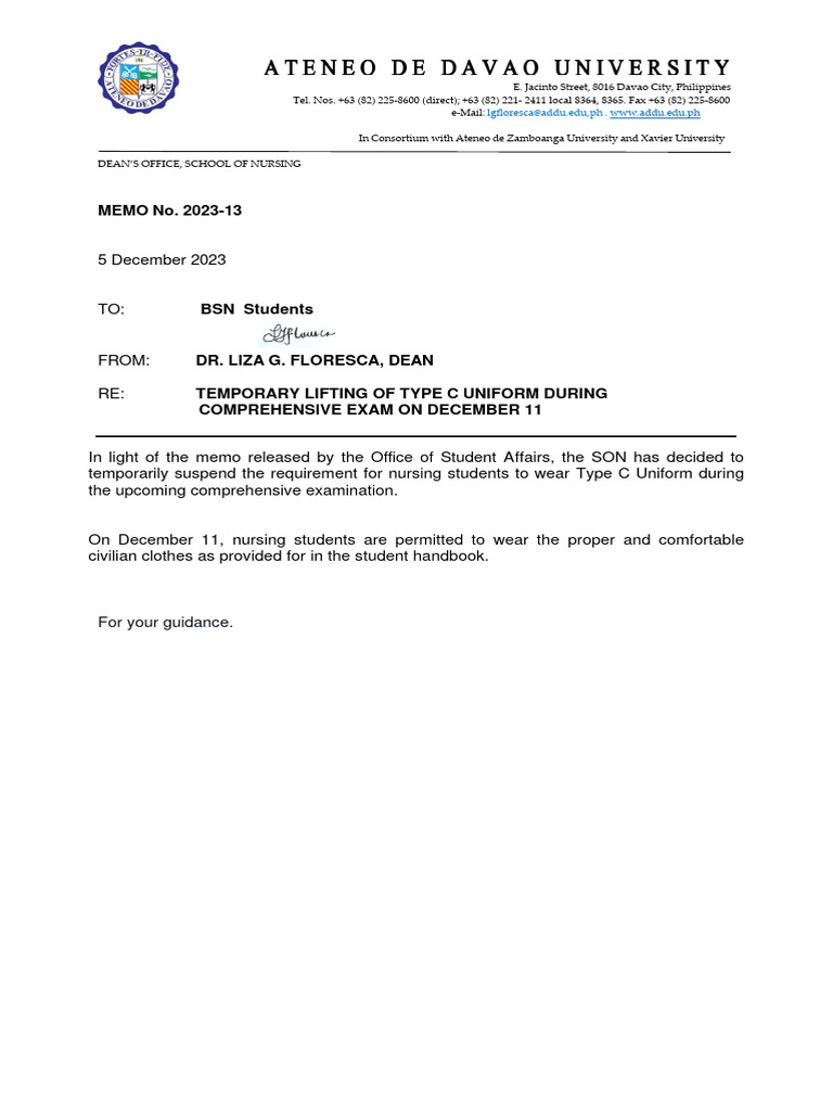 Memo Lifting The Type C Uniform During Comprehensive Examination | PDF