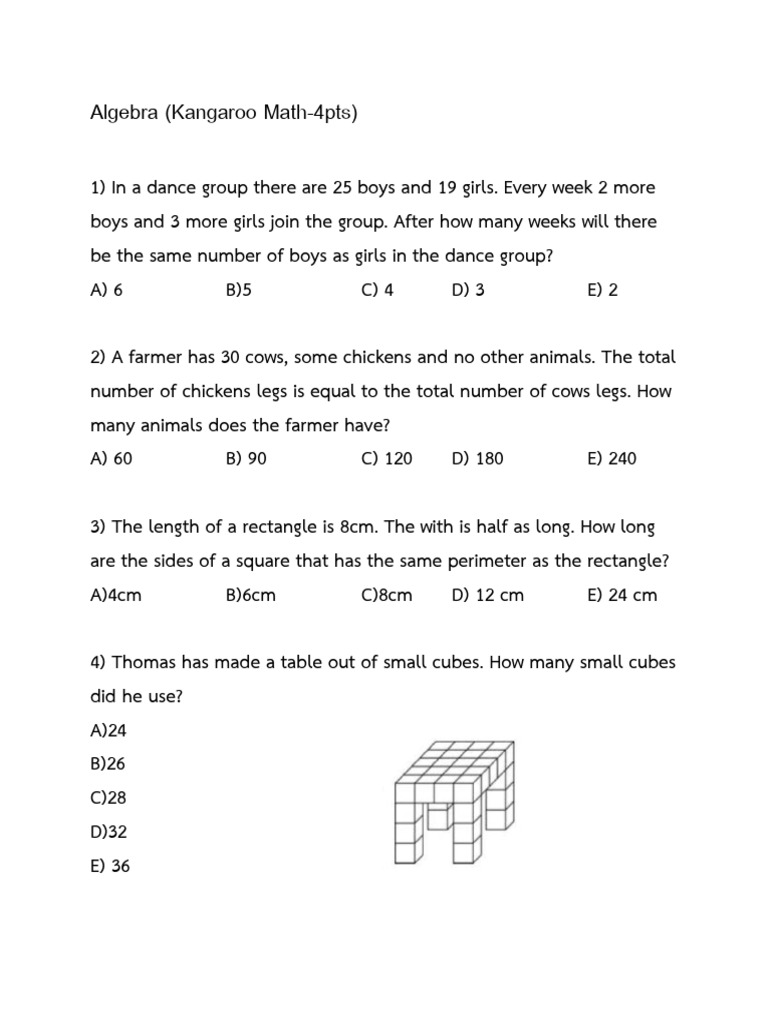 Algebra - Kangaroo Math 4 Pts | PDF | Teaching Methods & Materials