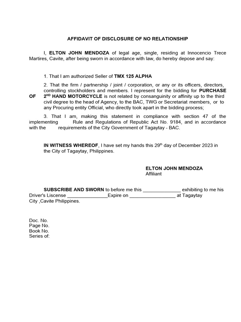 Affidavit of No Relationship for Bidding | PDF