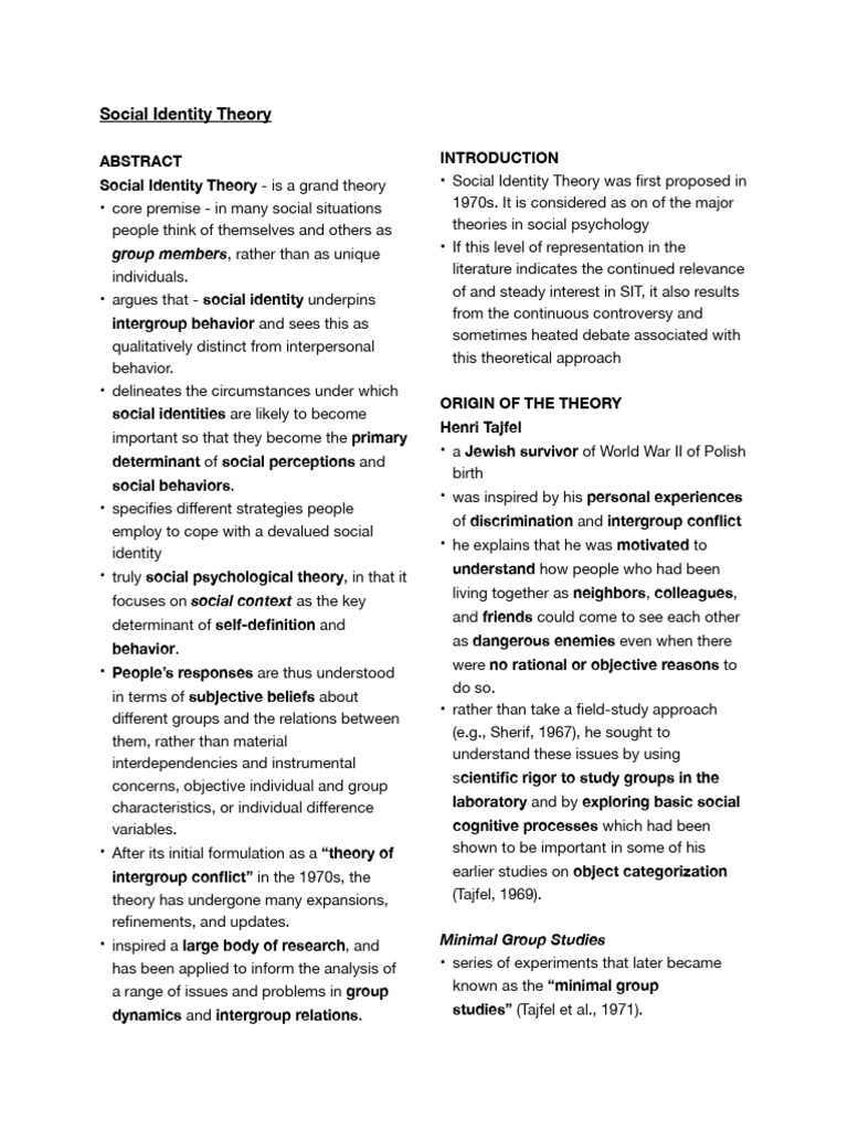 Social Identity Theory Notes PDF | PDF