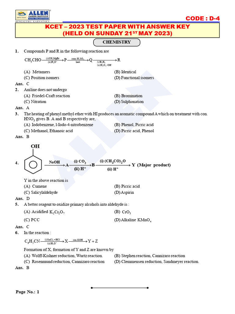 KCET 2023 Chemistry Test Paper | PDF | Adsorption | Chemical Equilibrium