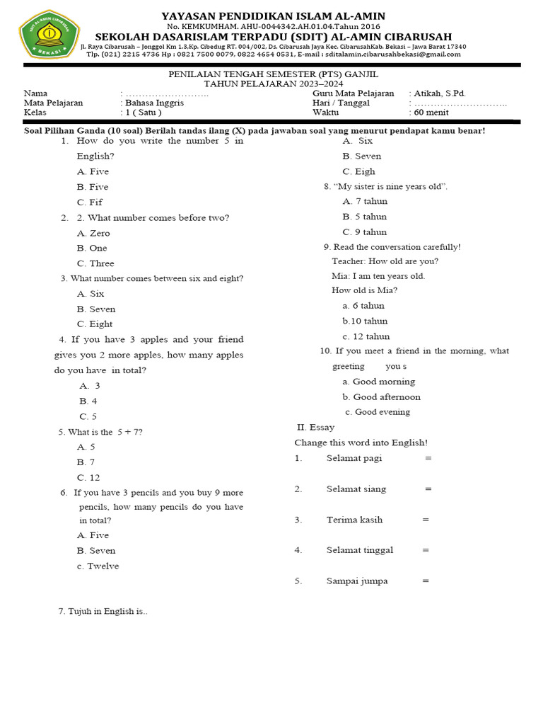 BAHASA INGGRIS_KELAS 1_ATIKAH, S.Pd. | PDF