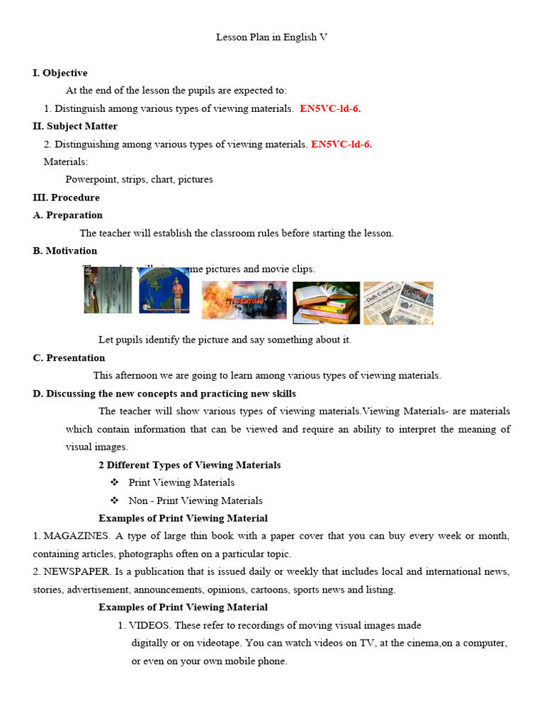 Lesson Plan in English V 2nd Quarter | PDF | Lesson Plan | Television