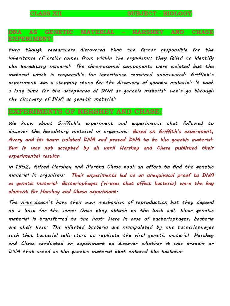 Class 12 Biology: DNA as Genetic Material | PDF | Genetics | Dna