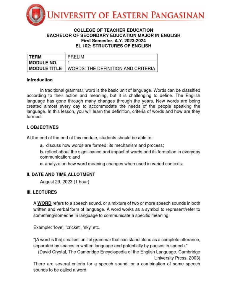 EL 102 Module 1 (Prelims) | PDF | Word | English Language