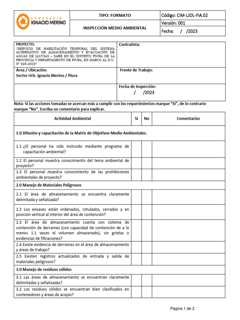 BRA-MA-FR.02 Inspeccion Medio Ambiental-IGNACIO MERINO | PDF | Agua ...
