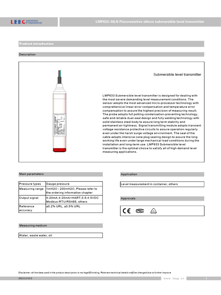 Transmisor de Presion Manometrica NLN Sumergible Datasheet | PDF ...