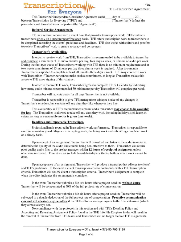 TFE Transcriber Independent Contractor Agreement | PDF ...