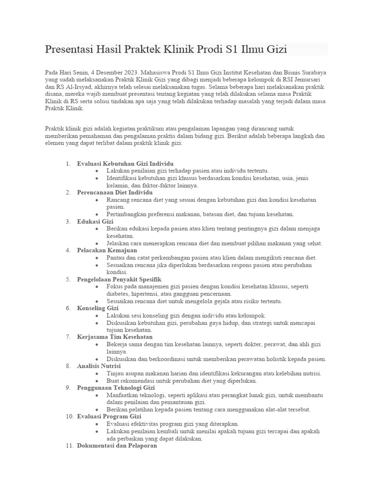Presentasi Hasil Praktek Klinik Prodi S1 Ilmu Gizi | PDF | Pengembangan Diri | Kesehatan Holistik
