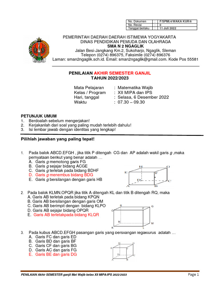 Soal Pas Mat Wajib 2223 | PDF